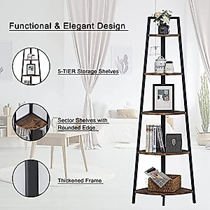 OIAHOMY Corner Shelf 70 Inch Tall Bookcase 5- Tier Industrial Corner Bookshelf Corner Ladder Shelf Small Bookshelf Rustic Plant Stand Rack Freestanding -Rustic Brown