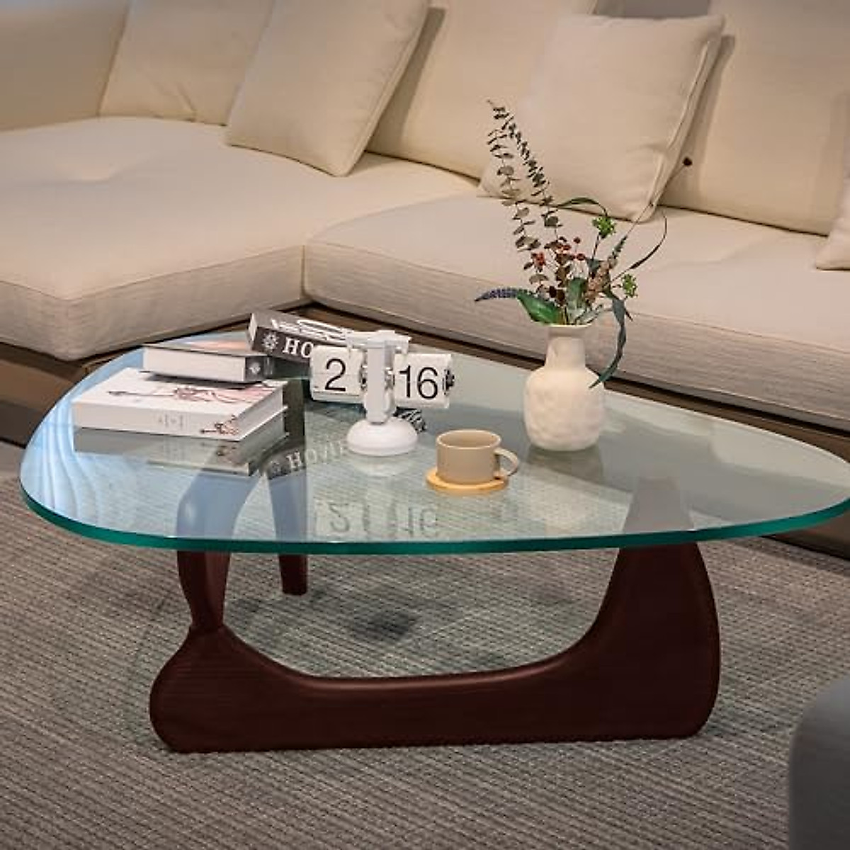 Rimdoc Triangle Coffee Table Modern Noguchi Vintage End Table, Solid Wood Base and Clear Glass Top Accent, for Living Room, Patio(Dark Walnut)