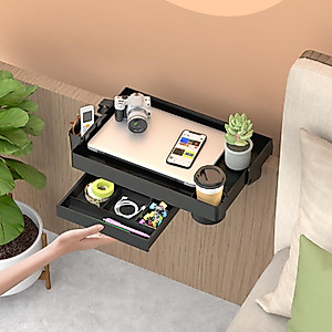 Ronlap Folding Bedside Shelf, Bunk Bed Shelf Organizer for Top Bunk Clip On Nightstand Plastic Bedside Shelf Tray for Kids with Cup Holder Hooks Hanging Cup, Plus Size with Drawer, Black