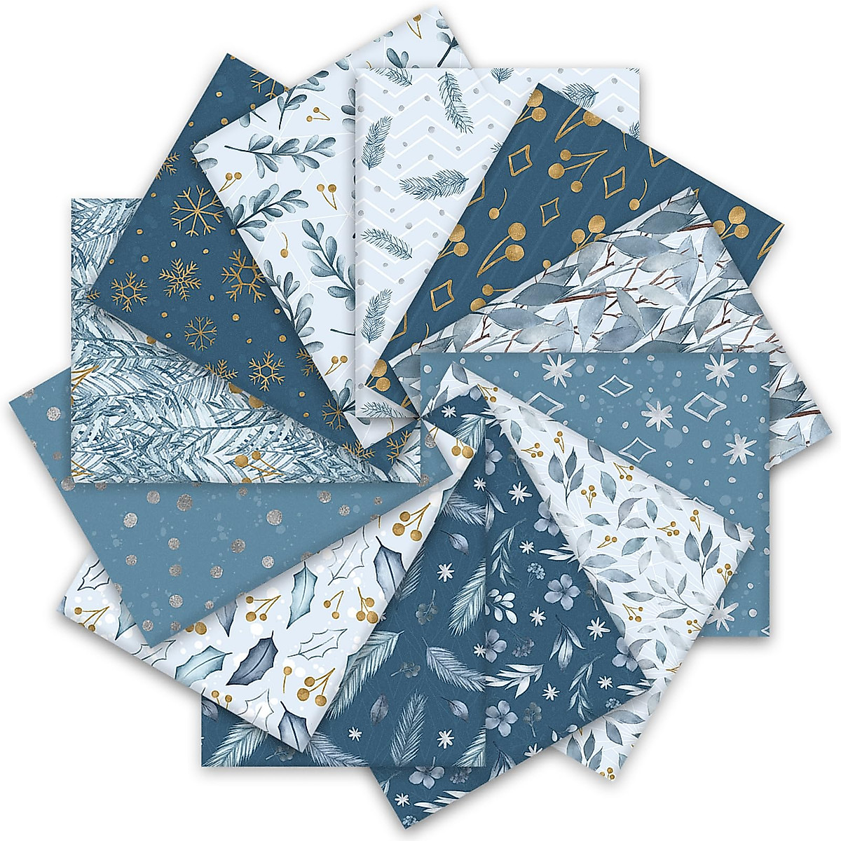 Whaline 12Pcs Winter Cotton Fabric Bundles Watercolor Christmas Fat Quarters White Blue Snowflake Leaves Printed Sewing Fabrics for DIY Handmade Crafting, 18 x 22 Inch