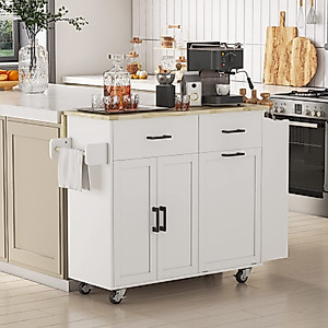 Osfvolr Rolling Kitchen Island with Trash Storage Cabinet, 2 Drawers, Kitchen Island with Drop Leaf, Kitchen Storage Islands Carts W/ 3 Spice Rack, Tilt Out Trash Cabinet, Island Table for Kitchen