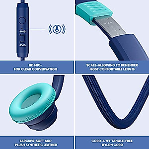 Cowyawn Toddler Headphones Ultra Light Comfort Kids Headphones, Rotatable Wired Headphones with Microphone for Toddlers Kids for School Travel Airplane, 85dB/94dB Volume Limit, 3.5mm Jack, Navy/Teal