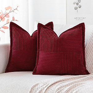 OTOSTAR Set of 2 Corduroy Throw Pillow Covers with Splicing Super Soft Boho Striped Pillow Covers Broadside Decorative Textured Throw Pillows for Couch Sofa Bed Living Room 18x18 Inch, Burgundy