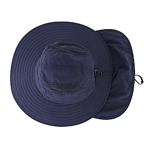Home Prefer Mens UPF 50+ Sun Protection Hat Wide Brim Fishing Hat with Neck Flap (Navy Blue)