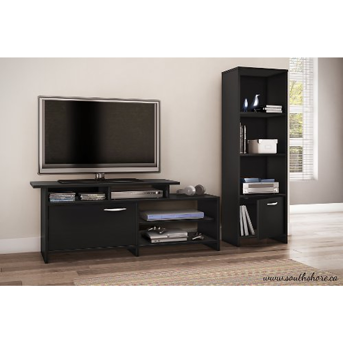 South Shore Narrow 3-Shelf Storage Bookcase with Door, Black, Pure