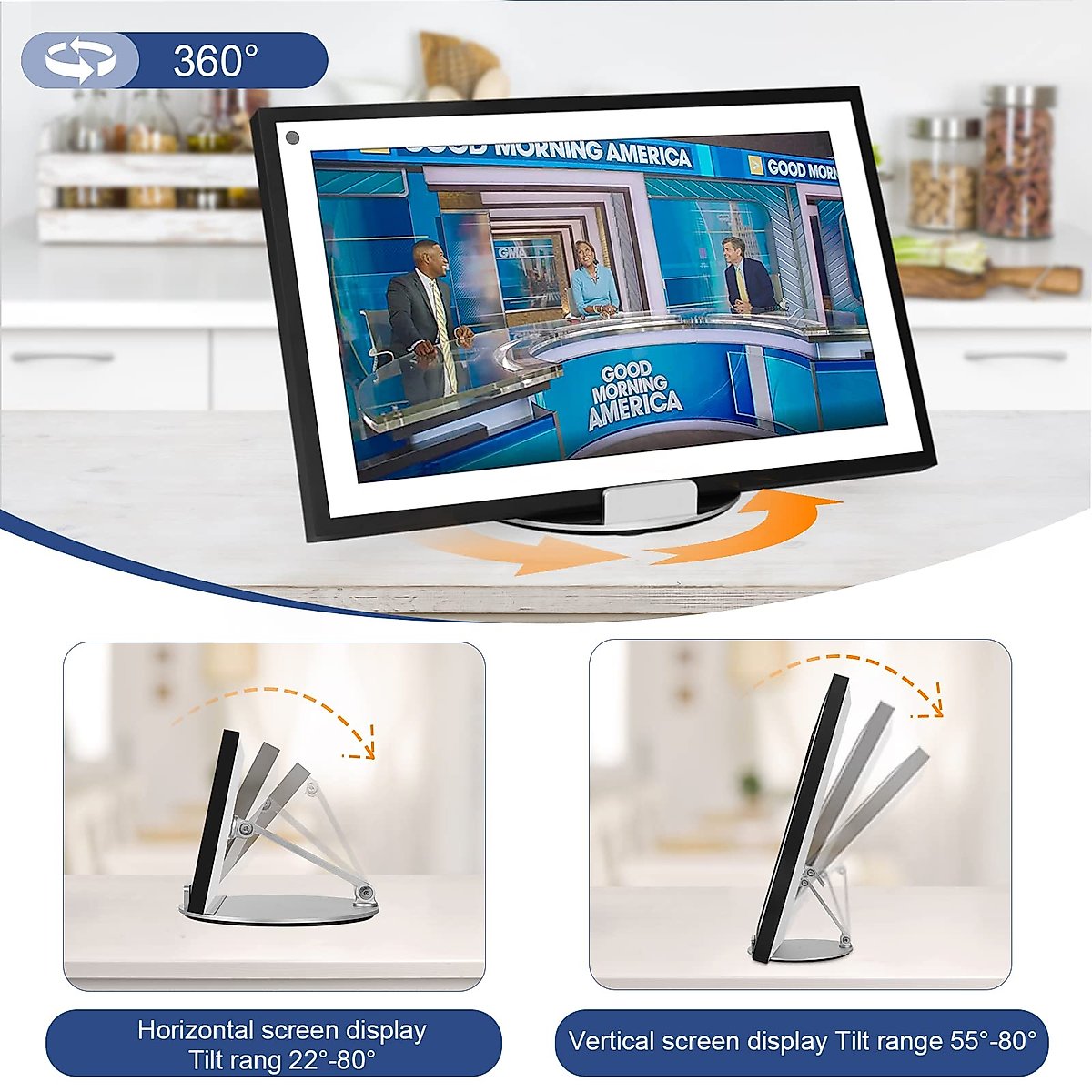 Aluminum Desktop Stand for Echo Show 15, Echo Show 15 Stand Swivel and Tilt, Adjustable and Foldable Stand with 360 Degree Rotatable Base, Multi-Angles, Easy Switch Device in Portrait and Landscape