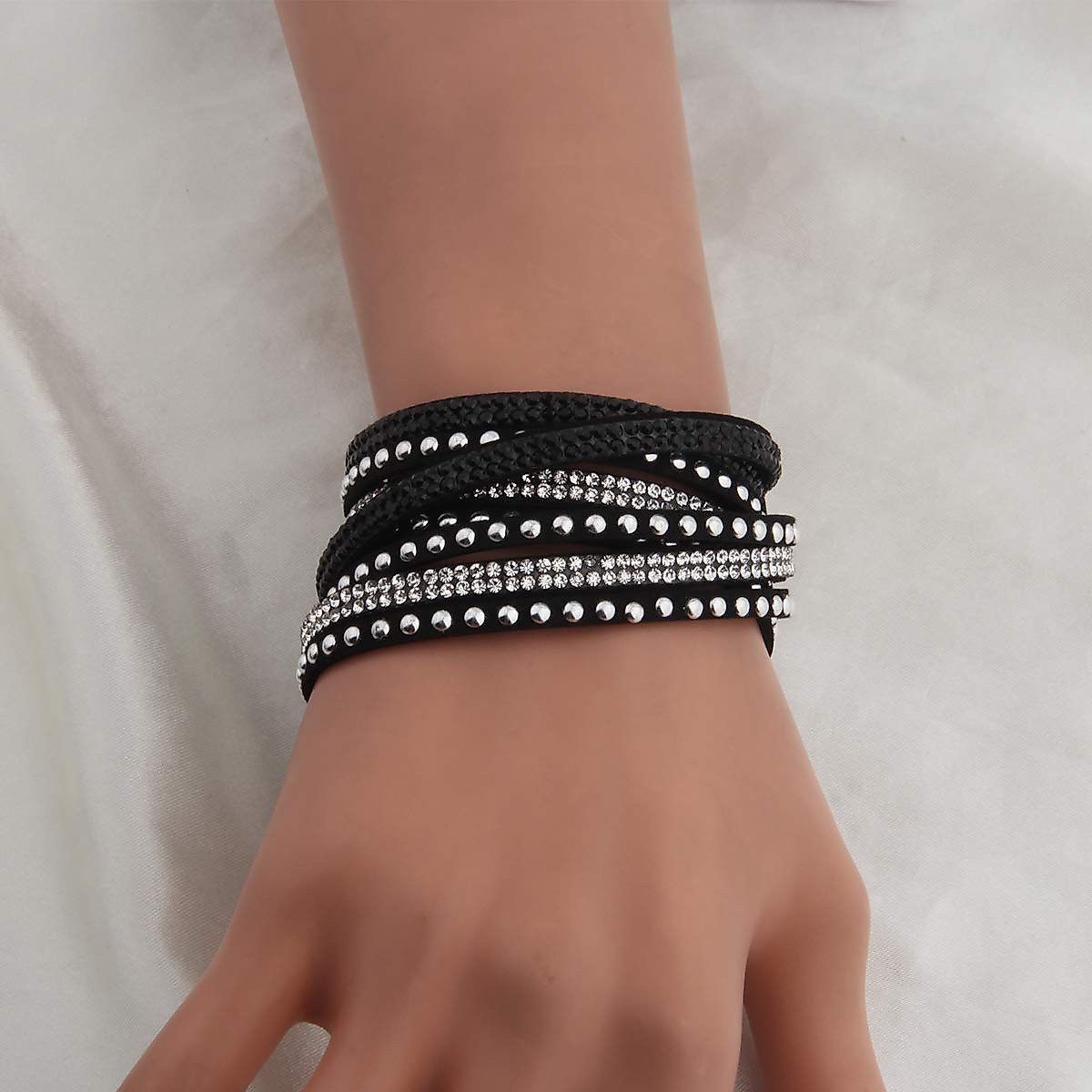 KUIYAI Wrap Leather Bracelet with Bling Bling Crystal Rhinestones and Snap buttons (Black)