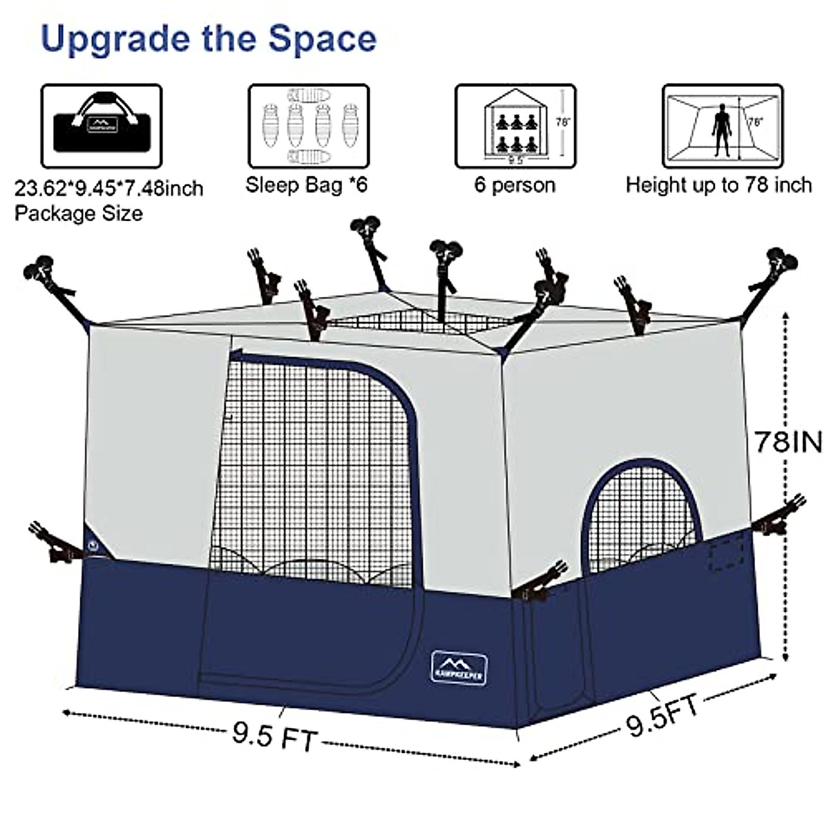 KAMPKEEPER Camping Cube for Pop Up Canopy Tent, Converts 10'x10' Straight Leg Canopy into Camping Inner Tent, with 1 Dog Hole–Fully Vented Roof(Canopy & Frame NOT Included), Navy Blue