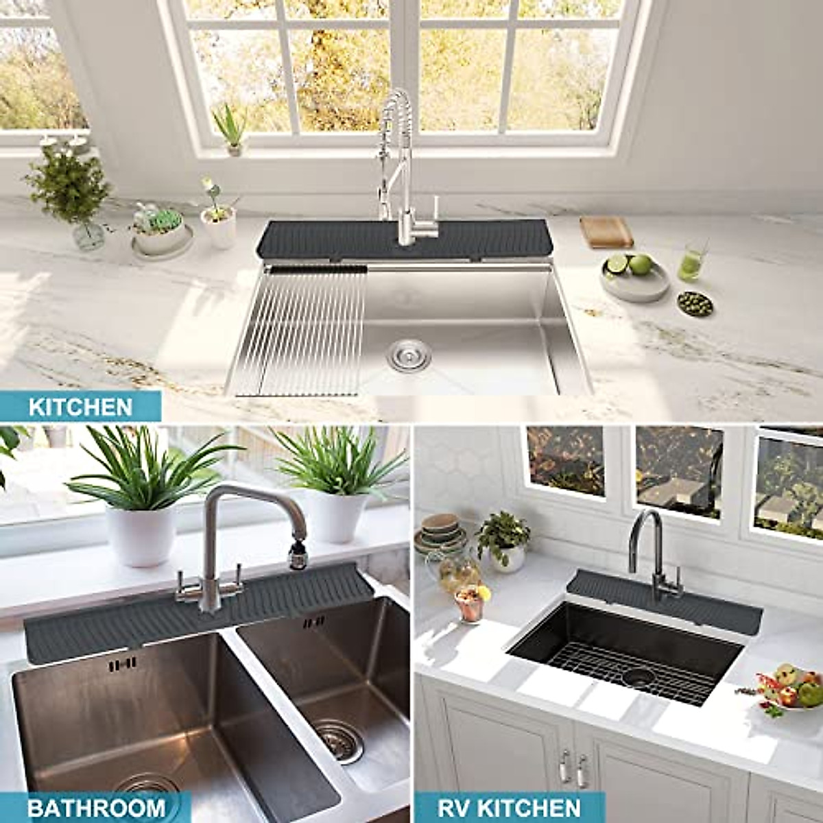 30 inch Kitchen Sink Splash Guard, Silicone Faucet Splash Guard, Large Size Silicone Sink Mat for Kitchen Bathroom, Faucet Handle Drip Catcher Tray (Black)