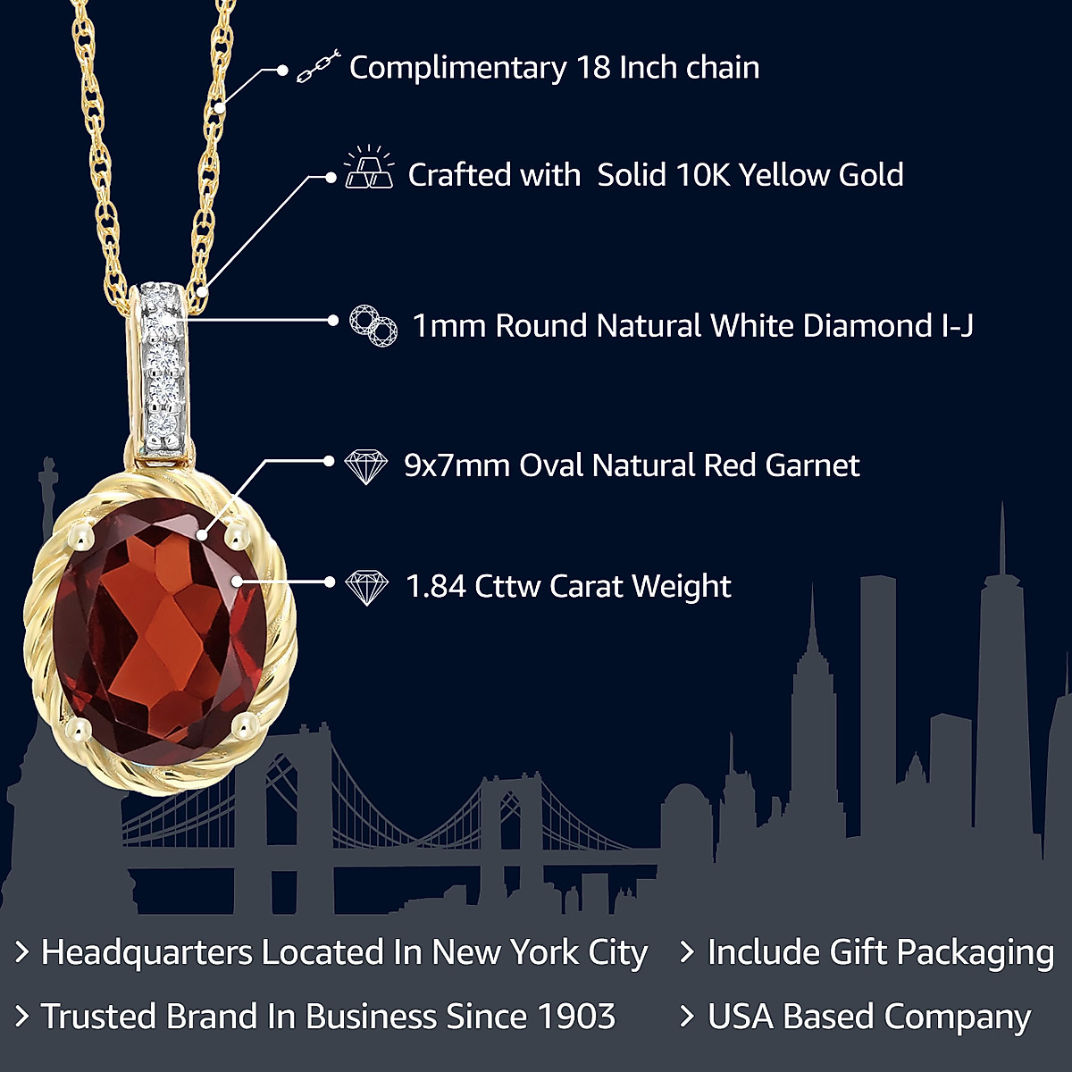 Gem Stone King 10K Yellow Gold 9X7MM Oval Gemstone Birthstone and White Diamond Pendant Necklace | Gold Necklace For Women | With 18 Inch Gold Chain