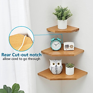 Corner Wall Shelf, Corner Floating Shelves Set of 2 Solid Oak Wood Corner Shelves Wall Mount Display Shelf with Wire Hole Small Plant Display for Kitchen Living Room Bedroom