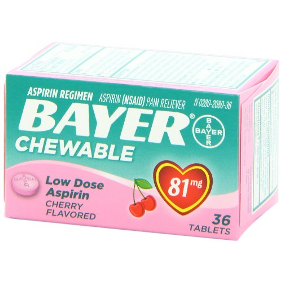 Aspirin Regimen Bayer, 81mg Chewable Tablets, Pain Reliever, Cherry, 36 Count