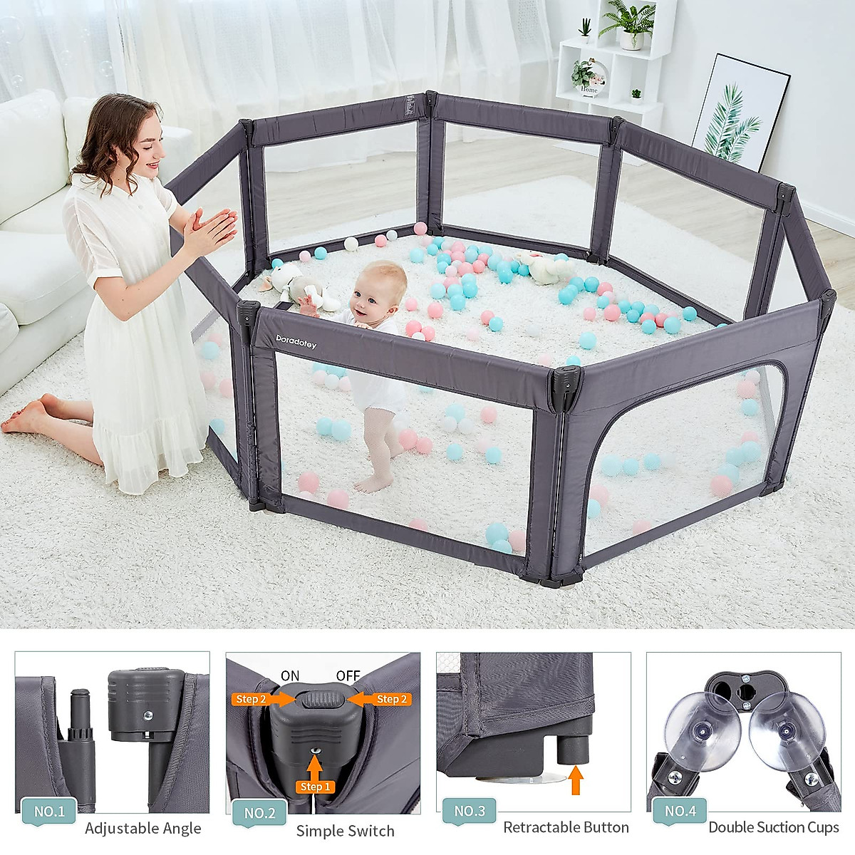 Doradotey Baby Playpen, Shape Adjustable Large & Small Baby Playard for Babies and Toddlers, Foldable Playpen Baby Fence Indoors Play Center Yards, Breathable Mesh Anti-Fall Play Pens(71x79 Deep Grey)