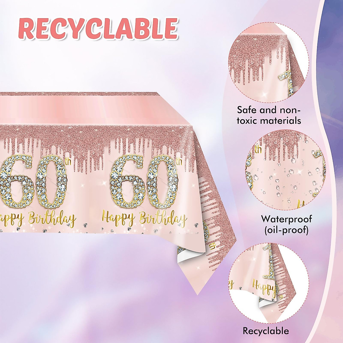 41PCS 60th Birthday Decorations For women Rose Gold Sixty Year Old Birthday Supplies Plates Napkins Tablecloth Disposable Tableware For 20 Guests