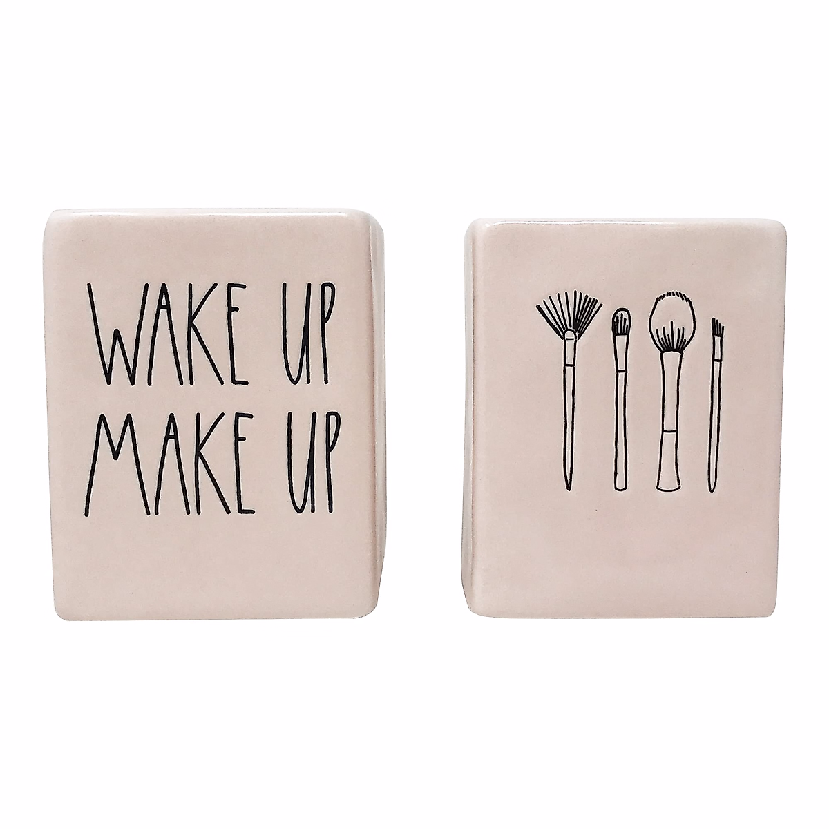 Rae Dunn Set of 2 Ceramic Brush Cup Holders (Make Up/Wake Up/Pink)