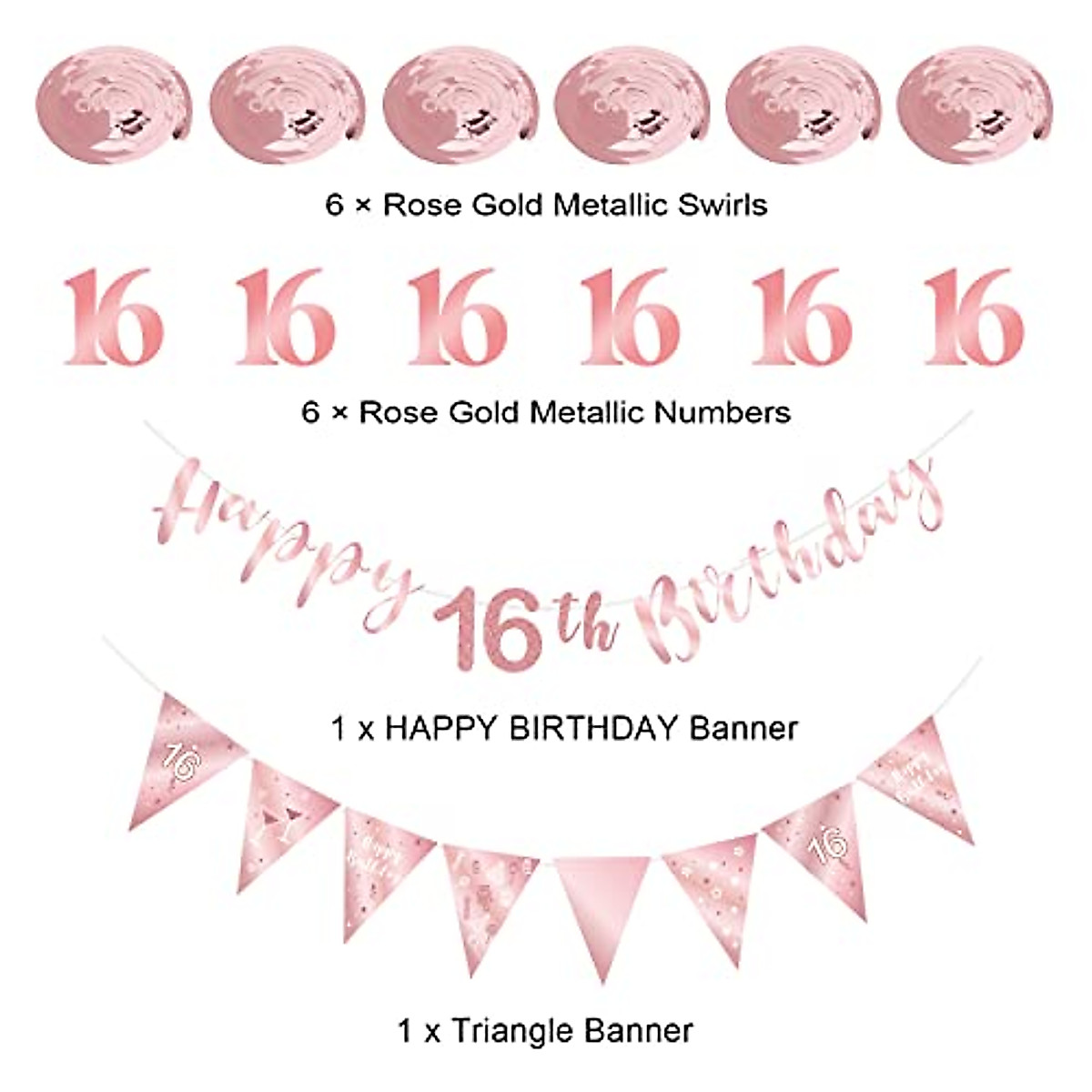 Rose Gold 16th Birthday Decoration for Girls, Happy 16th Birthday Banner Bunting Swirls, Triangle Flag Banner for 16 Birthday Party Decorations Supplies