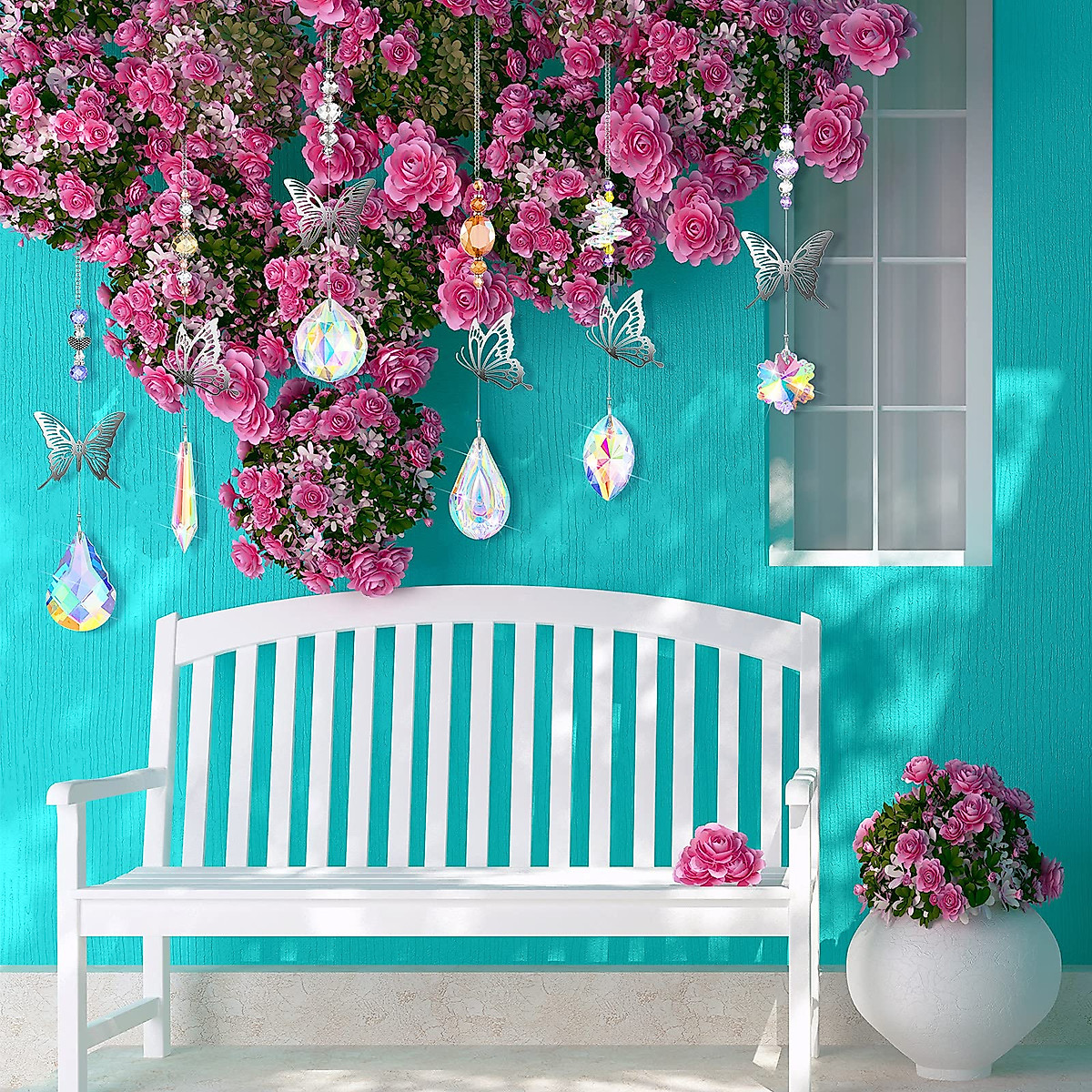 7 Pieces Crystals Suncatcher Butterfly Sun Catchers Colorful Crystal Chandelier Pendant Hummingbird Wall Hanging Tree Window Prism Ornament (Charming Colors, Butterfly Style)