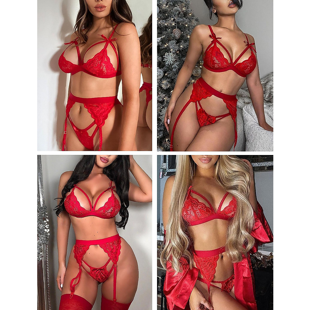 Avidlove Women Lingerie Set Lace Teddy Strap Babydoll Bodysuit with Garter Belts Red Medium