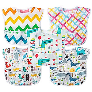 R HORSE 5Pcs Baby Bibs Set Waterproof Feeding Bibs for Babies Infants Bibs with Crumb Catcher Pocket Animals Food Bibs Sleeves Bibs Learn to Feed Shower Gifts Keepsake, 6-24 Months
