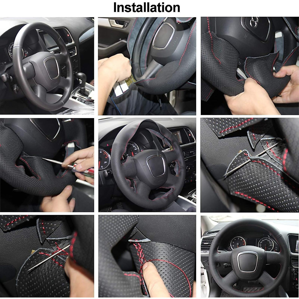Hand-Stitched Black Leather Car Steering Wheel Cover, for Mercedes Benz C-Class W203 2000-2007 C32 AMG 2002-2003 DIY Breathable Steering Wheel Covers