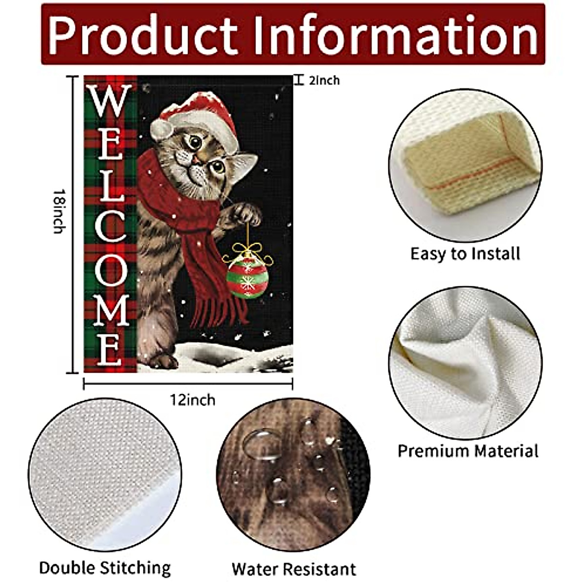 Heyfibro Welcome Christmas Garden Flag Christmas Cat with Scarf Ornament Snowflake, 12x18 Inch Double Sided Burlap Xmas Ball House Banner for Winter Christmas Outdoor Decoration (ONLY FLAG)