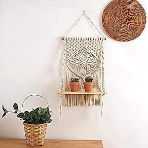 Walbest Macrame Wall Hanging Shelf Decor - Macrame Plant Hanger Boho Wall Decor, Boho Hanging Floating Wall Shelves for Wall Storage Beige