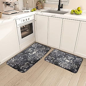 Sugar Skull Kitchen Mats 2 Pcs Anti Fatigue Halloween Skull Kitchen Floor Mats Washable Water Absorbent Gothic Skeleton Kitchen Rugs for Bathroom Laundry Sink Kitchen Standing Mat