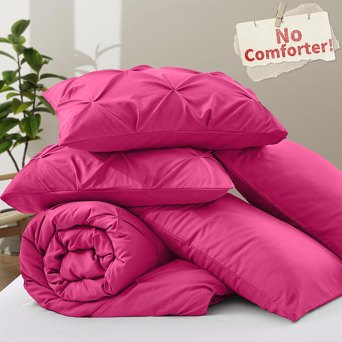 VACVELT 5 Piece Pinch Pleated Duvet Cover Full/Queen Size Set, Hot Pink Pintuck Duvet Cover with Zipper & 8 Ties, Shabby Chic Microfiber Duvet Cover + 2 Pillow Shams + 2 Pillowcases, No Comforter