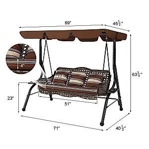 U-MAX 3-Seat Outdoor Patio Swing Chair, Large Converting Canopy Porch Swing Glider, Hammock Lounge Chair for Porch, Rattan Wicker Steel Frame Cushion & Pillow, Brown