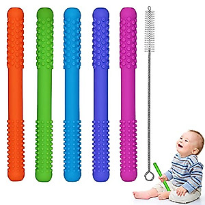 Hollow Teething Tubes Toys for Babies Girls Boys, 5 Pack Silicone Baby Teether Toy Tube for Infants with Nursing Biting Chewing, Chew Straws for Toddlers 6-12 Months