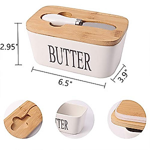 YCOCO Large Butter Dish with Lid,Ceramic Butter Container With Airtight Cover,Butter Keeper Double Silicone Seals with Knife for kitchen,Holds 2 Standard Stick,White
