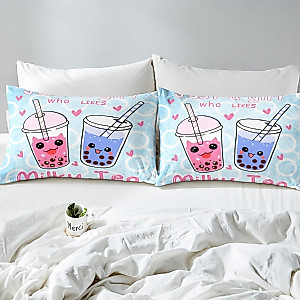 Boba Duvet Cover Girl Loves Boba Comforter Cover Kawaii Bubble Tea Stuffed Bedding Set for Kids Adults Cartoon Boba Bedspread Cover Full Size Bedclothes Zipper (No Comforter)