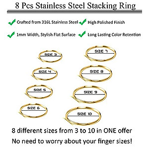 Rinspyre 8 Pieces Stainless Steel 1mm Women's Stacking Ring Set Plain Band Dainty Knuckle Midi Rings Comfort Fit Gold Tone