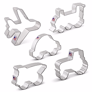 Transportation and Vehicles Cookie Cutters 5-Pc. Set Made in USA by Ann Clark, Tractor, Train, Dump Truck, Airplane, Car