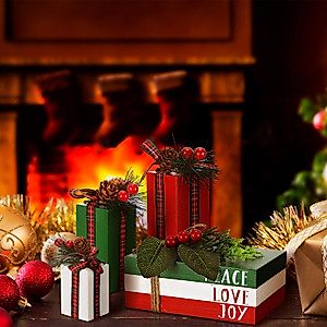 Kigley 6 Pcs Christmas Wooden Table Decorative Xmas Tiered Tray Decor Wooden Block Firework Book Sign for Xmas Home Farmhouse Table Decor(Classic)