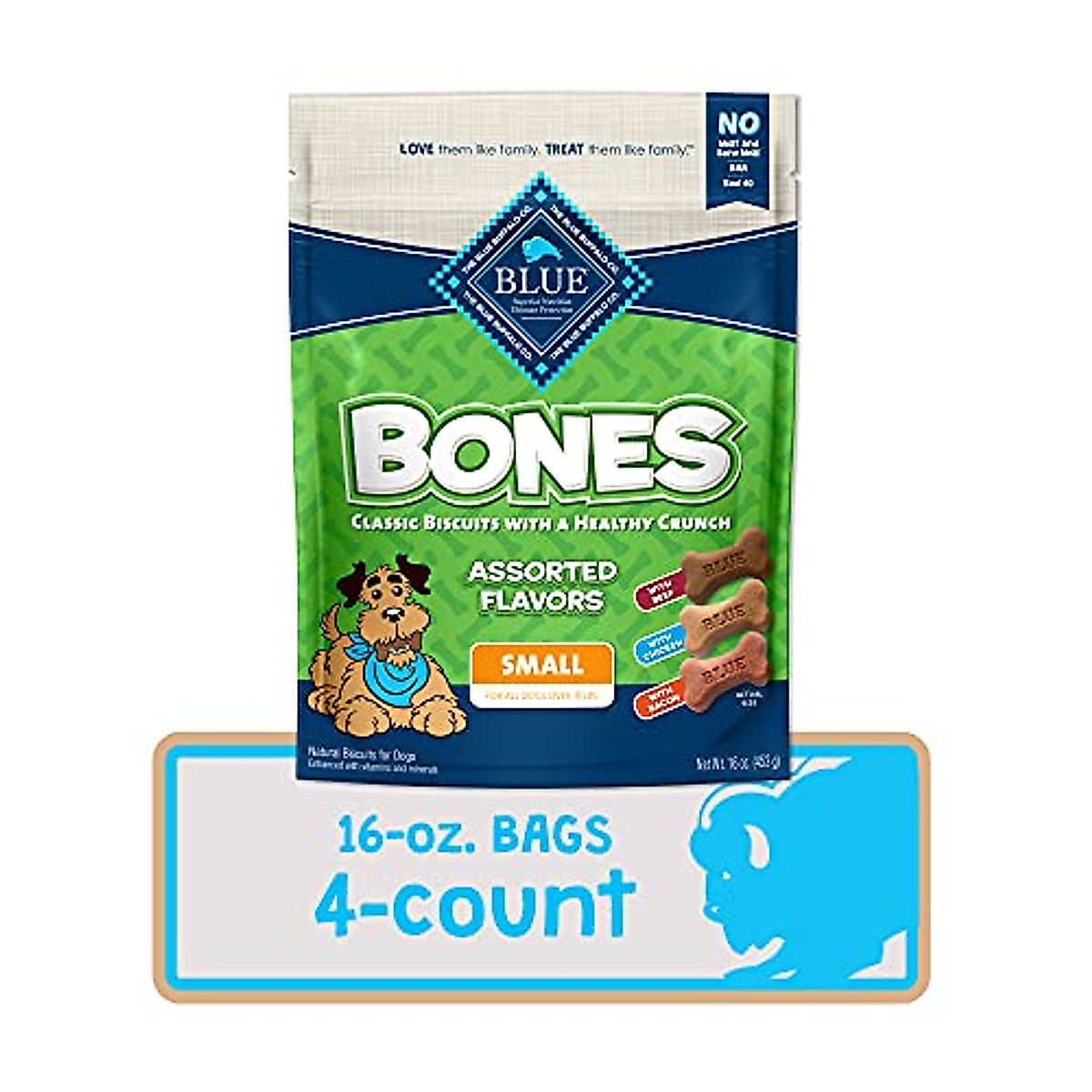 Blue Buffalo Bones Natural Crunchy Dog Treats, Small Dog Biscuits, Assorted flavors- Beef, Chicken or Bacon (16-oz bag, 4 count)