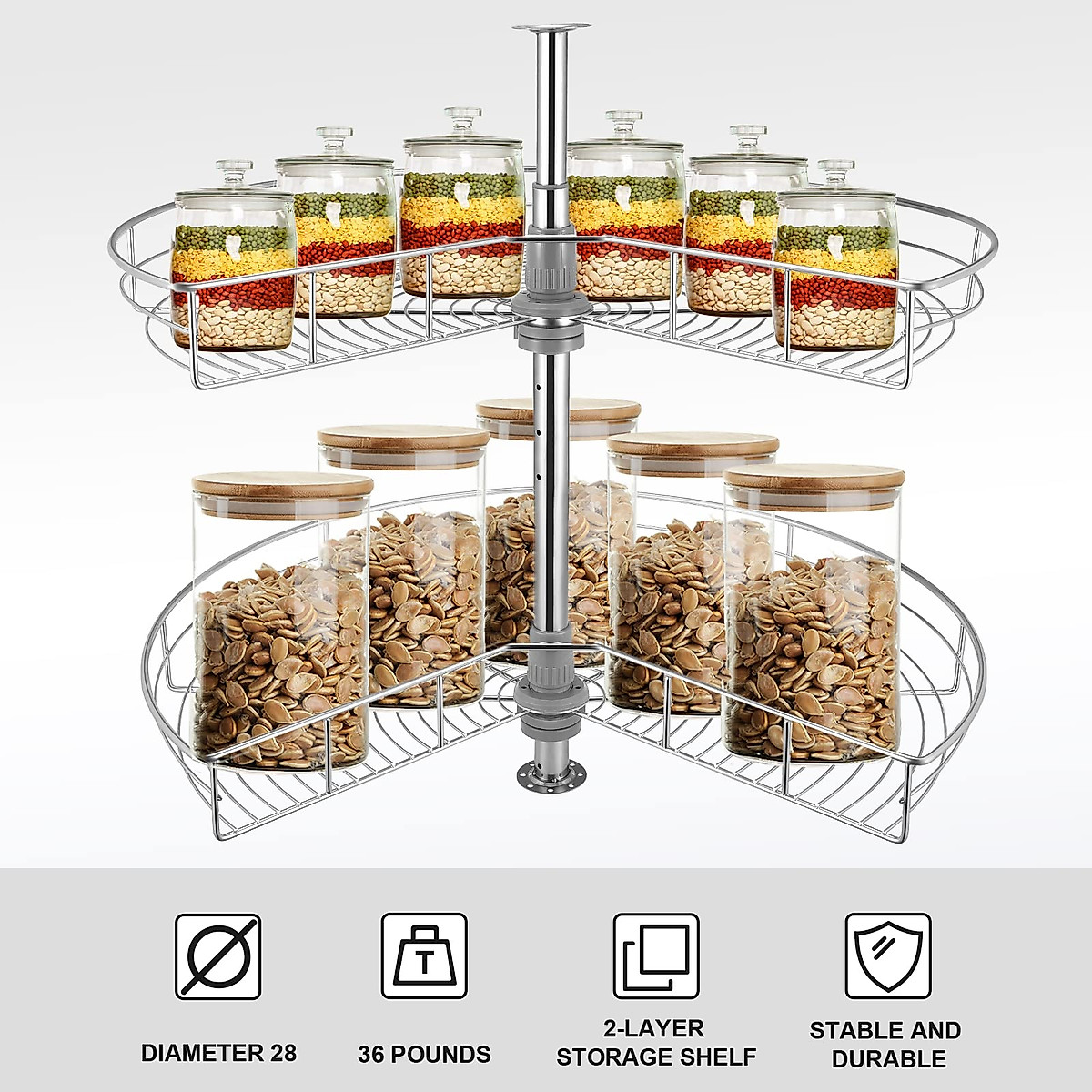 LIVOSA 32" Kidney Shaped Organizer Lazy Susan, 2-Shelf Stainless Steel Kitchen Kidney Shaped Organizer/Rotating Bask