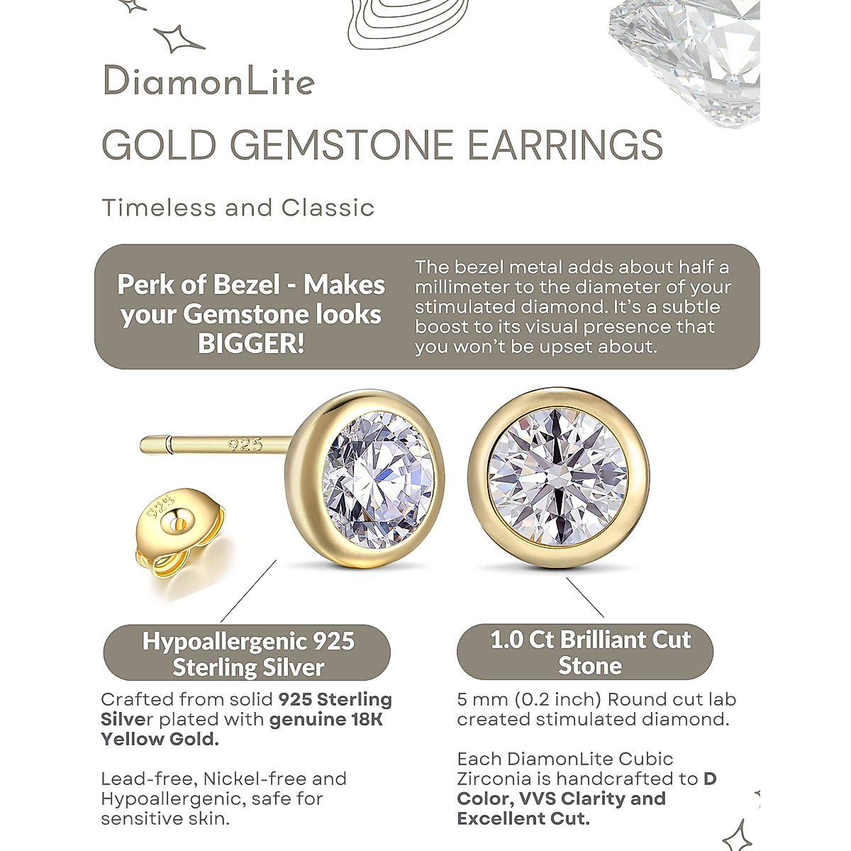 DiamonLite 1 Ct Round CZ 925 Sterling Silver Bezel Set Studs Earrings for Women and Men - Bezel Set CZ Earrings, 18K Gold Plated 925 Silver CZ Bezel Stud Earrings, Gold CZ Earrings for Women and Men