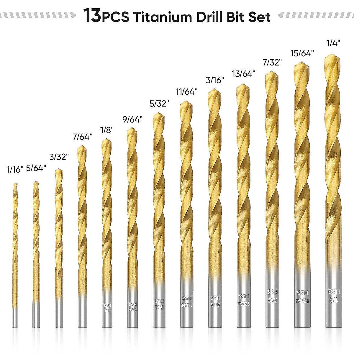 TICONN 13 PCS Titanium Coated Drill Bit Set, 135 Degree Tip High Speed Steel HSS Drill Bits Kit for Steel, Aluminum, Copper, Soft Alloy Steel, Wood, Plastic Size from 1/16" to 1/4"