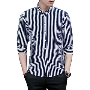Men's Striped Button Down Shirts Casual Turn-Down Collar Slim Fit Shirts Classic Stylish Business Dress Shirts (Black,Large)