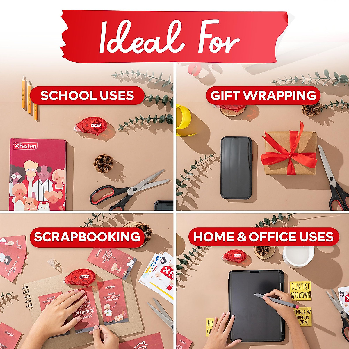 XFasten Adhesive Roller for Scrapbooking, 8mm x 30ft 4-Pack Double Sided Glue Tape Roller, Scrapbook Supplies for Adults, Photo Tape for Scrapbooking