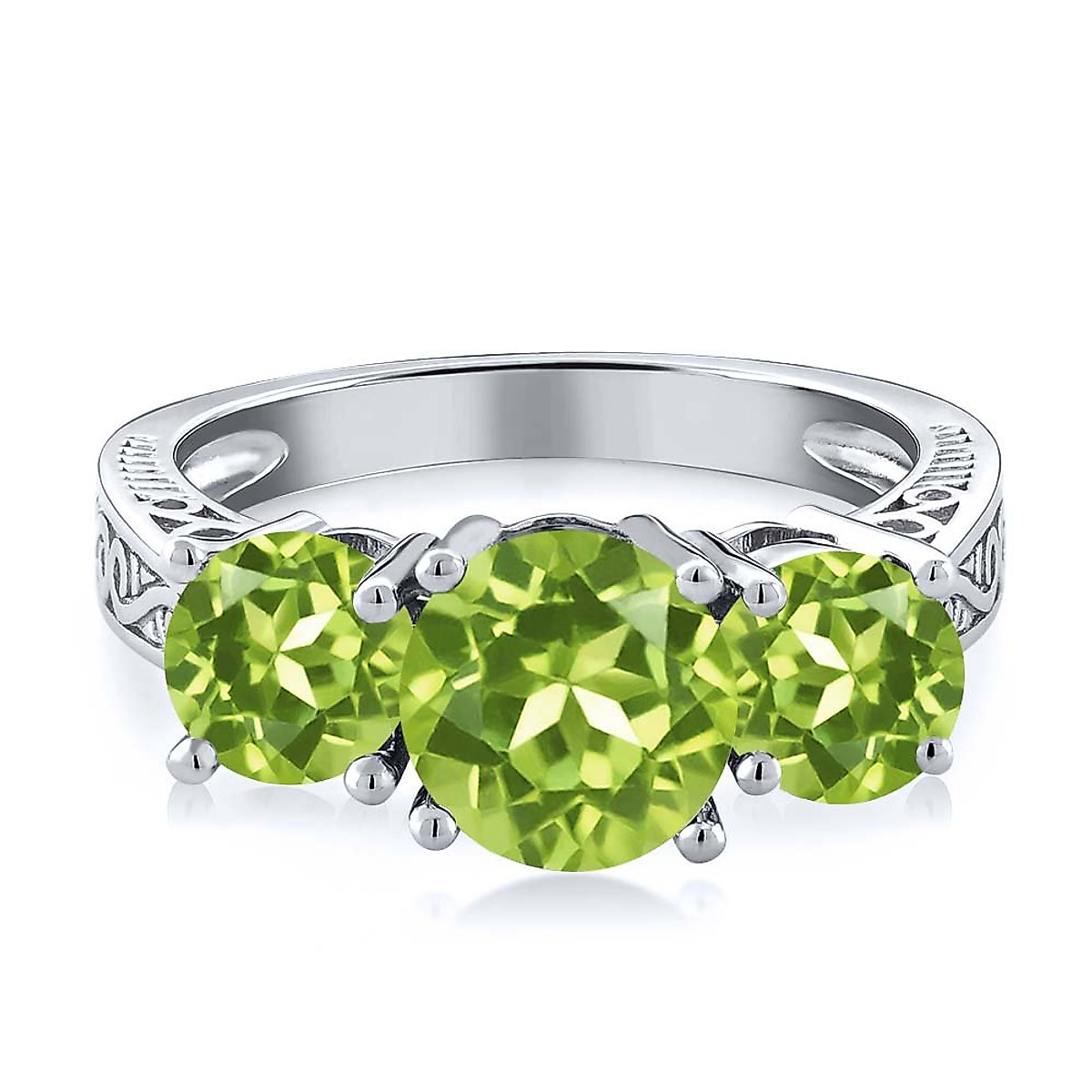 Gem Stone King 2.35 Cttw Round Green Peridot 3-Stone Ring In 925 Sterling Silver | 3 Stone Wedding Engagement Anniversary Promise Ring For Women | Available In Size 5, 6, 7, 8, 9