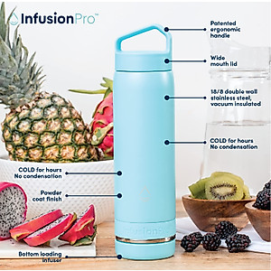 Infusion Pro Fruit Infuser Water Bottle Vacuum Insulated (20 oz) Stainless Steel : Fruit Infusion Recipe eBook : Bottom Loading Water Infuser for More Flavor : Easy Cleaning : Great Gift Water Bottle