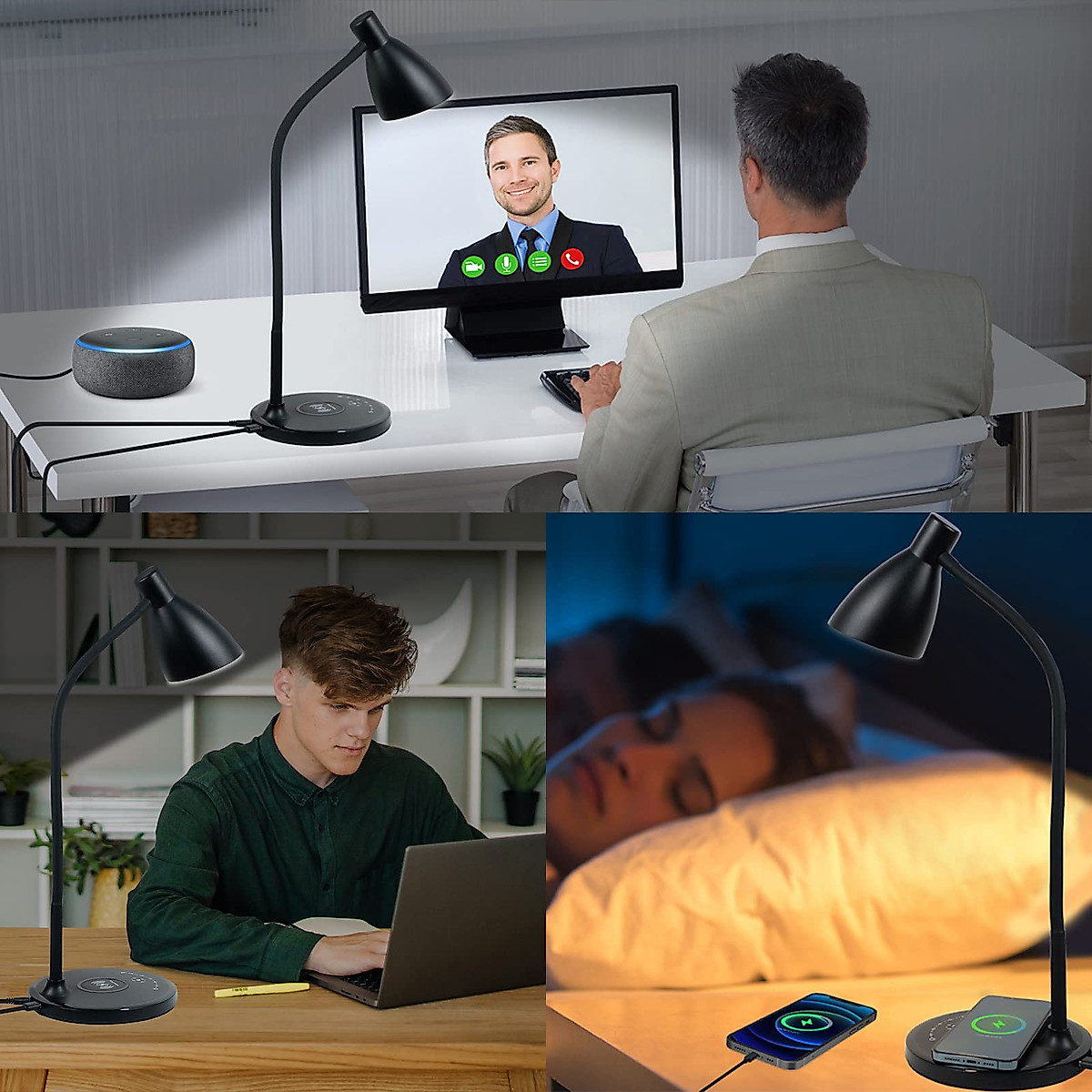KAiSnova Desk Lamp with Wireless Charger & USB Charging Port, 60 LED Desk Lamps for Home Office, 5 Color & 7 Levels Brightness Touch Control Table Lamp, Gooseneck Desk Lamps for Bedroom Bedside Dorm