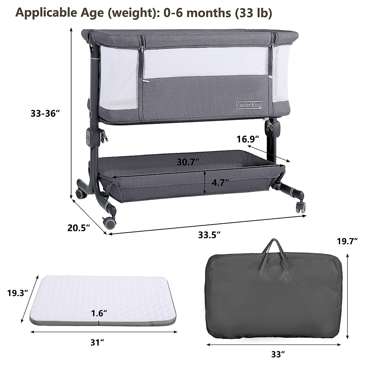Kinder King Portable Baby Bassinet w/Carry Bag, Newborn Bedside Crib Sleeper, Adjustable Height, All-Sided Mesh Infant Travel Crib, Removable Mattress, Storage Space, No Tool to Assemble, Dark Grey