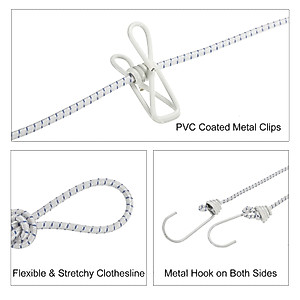 uxcell Travel Clothesline, Portable Clothesline with 12 Clothespins, 1.85M/6.07ft Windproof Stretchy Elastic Laundry Clothes Line for Backyard Hotel Camping Indoor Outdoor, White