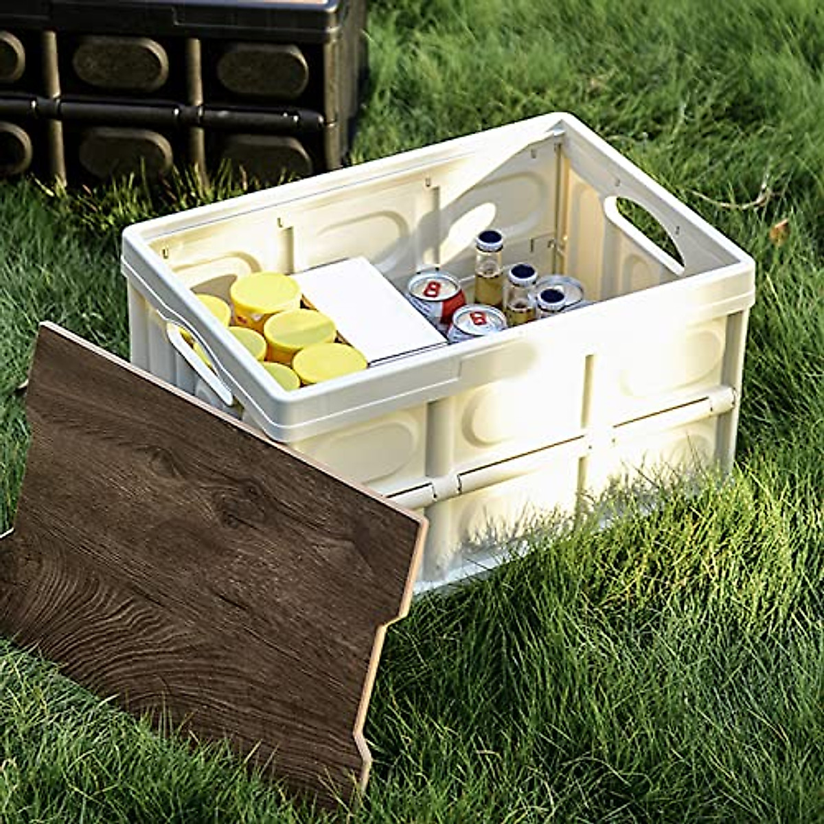 Alomejor 30L Storage Box Crate with Lid Folding Storage Box with Wooden Cover Panel for Home Outdoor(White)