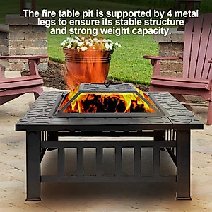 32" Heavy Duty Fire Pit Table with Spark Screen Cover Log Grate and Poker, Square Patio Wood Fire Pit Table for Bonfire Party Backyard Garden
