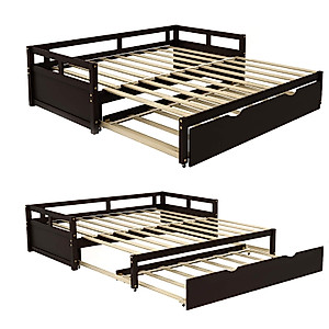 Harper & Bright Designs DayBed with A Trundle,Twin to King Bed with Trundle for Kids, No Box Spring Needed,Espresso
