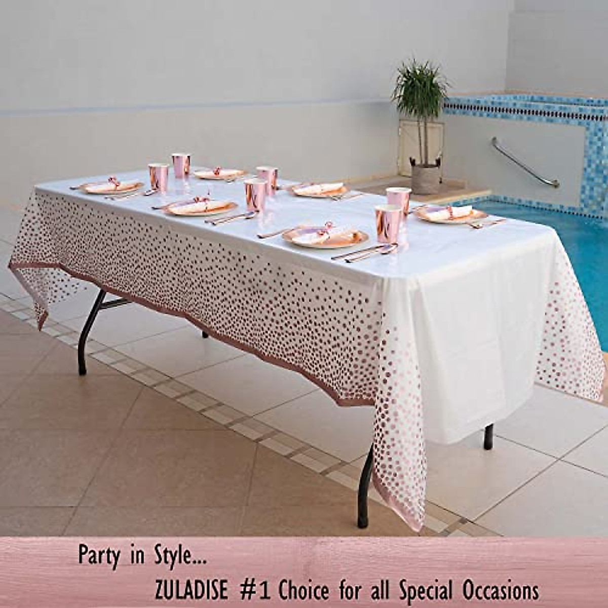 ZULADISE 2 Pack Rose Gold Table Cloths for Parties Disposable Rose Gold Tablecloth Plastic 8ft Rose Gold Plastic Tablecloth for Birthday, Baby Shower Party Tablecloth for Rectangle Tables